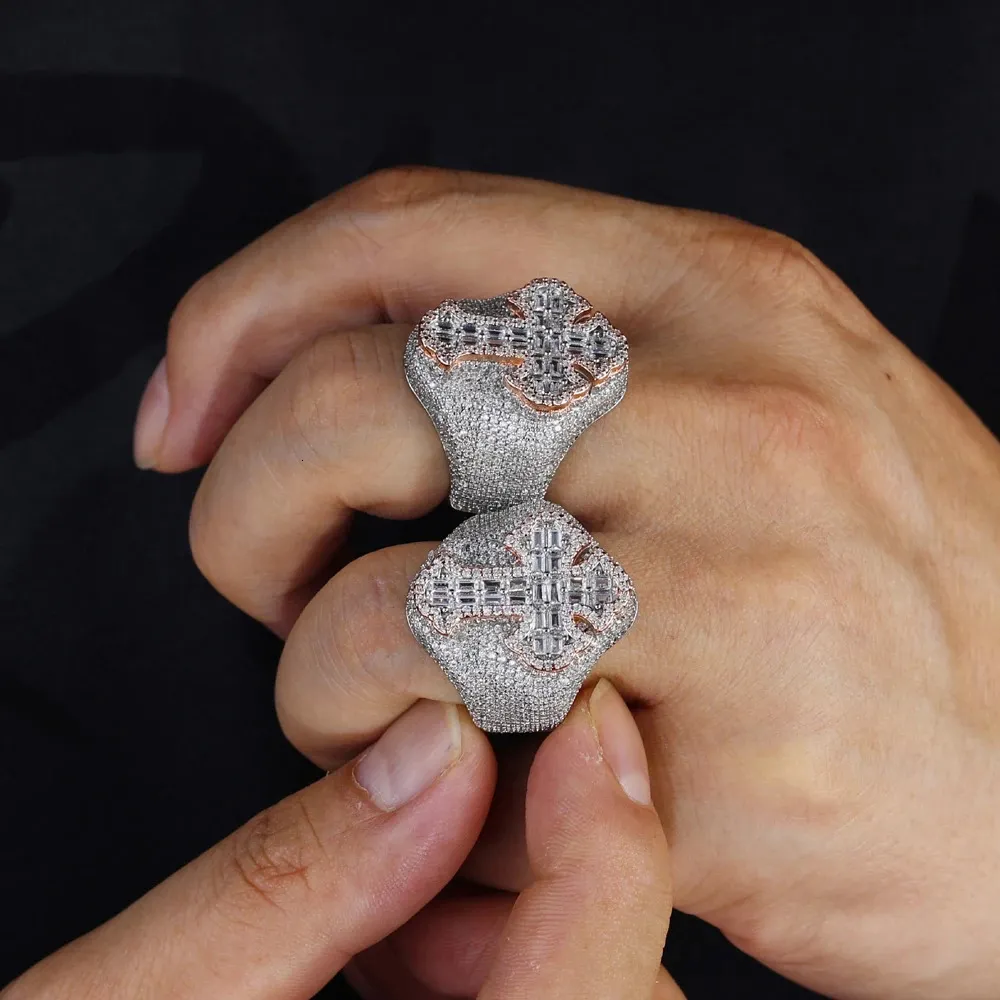 Mens Two Tone Color Cross Double Finger Ring 18k Gold Plated Silver ...