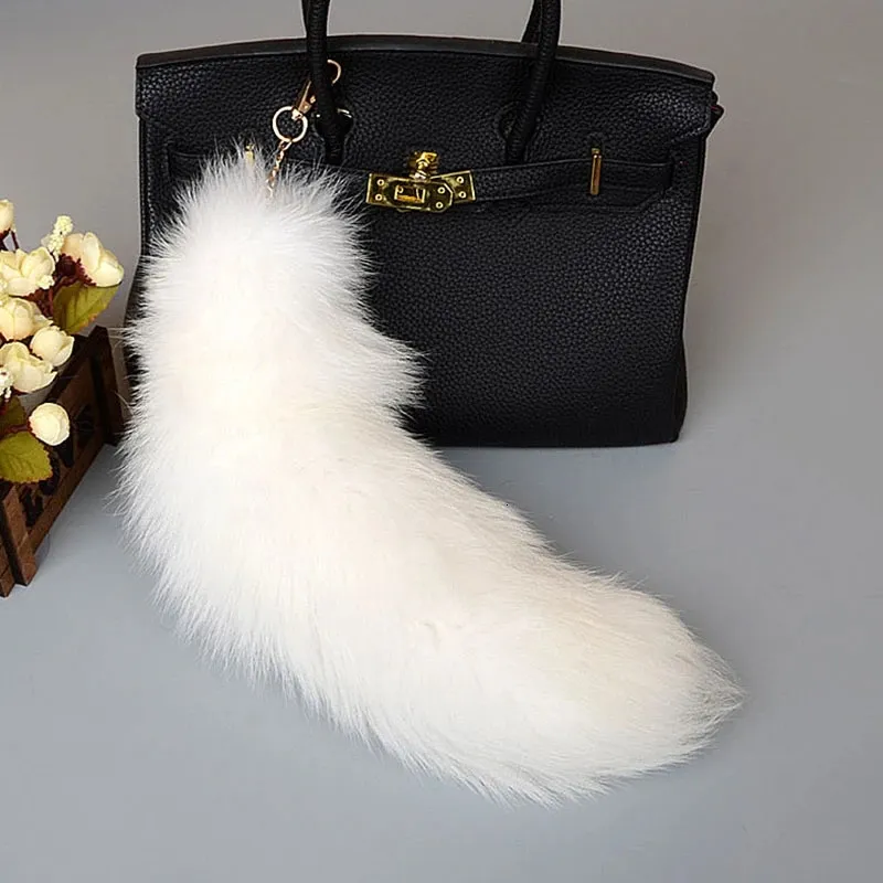 40cm Large Fox Tail Keychain Soft Fluffy Bone Fur Pom Pom with Lobster ...