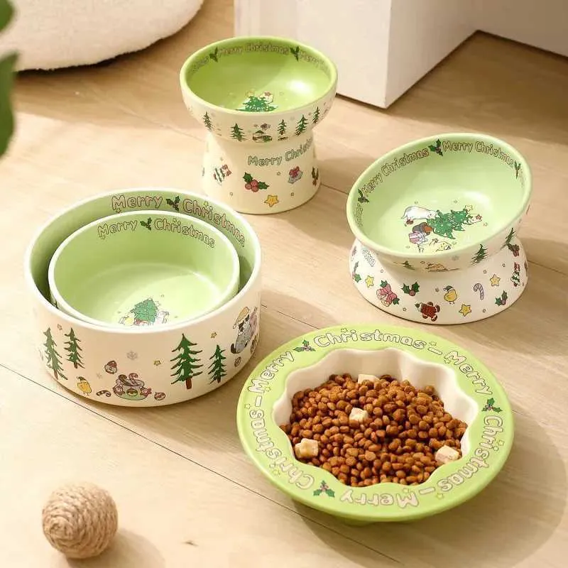 Christmas Ceramic Pet Bowl Set with Detachable Stand Anti-Spill Feeder ...