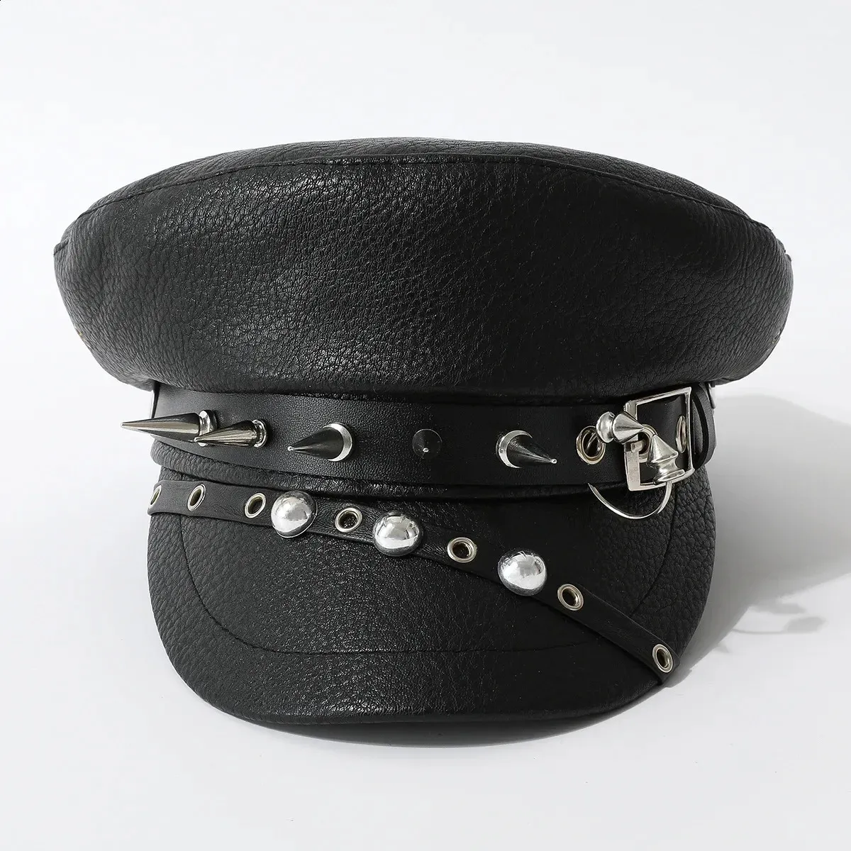 Navy Leather Rivet Skinny Half Cap With Punk Hip Hop Wind Beret Black ...