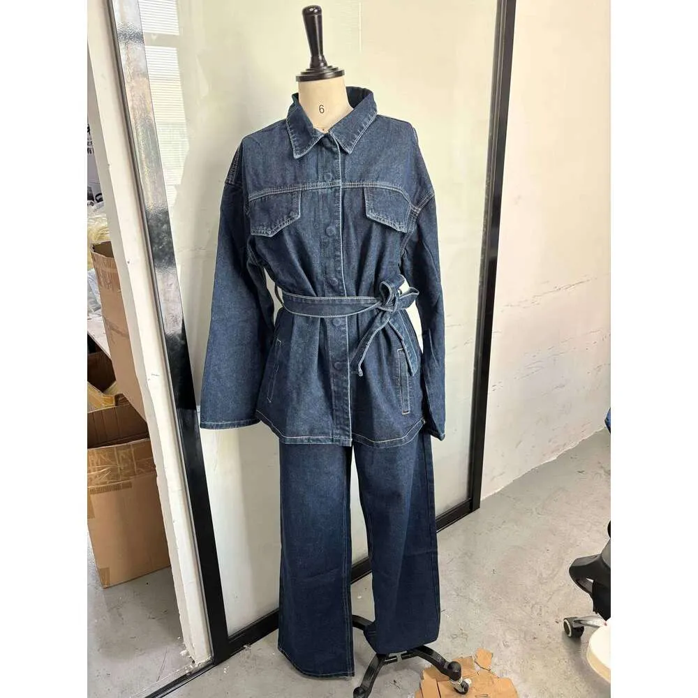 Denim collar top two-piece casual wear set with spandex material and ...