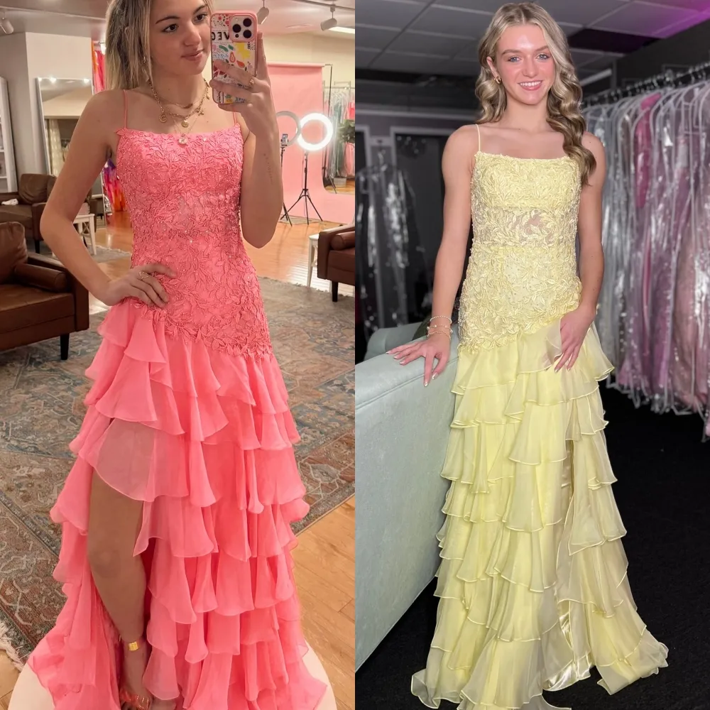 Coral Prom Gown 2k25 Leaf Lace Top Ruffled Chiffon Skirt Slit Cut Out ...