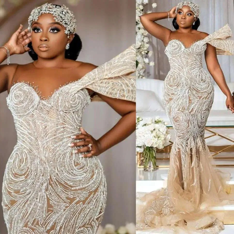 Arabic Plus Size Champagne Mermaid Wedding Dress Beaded Sequined Lace ...