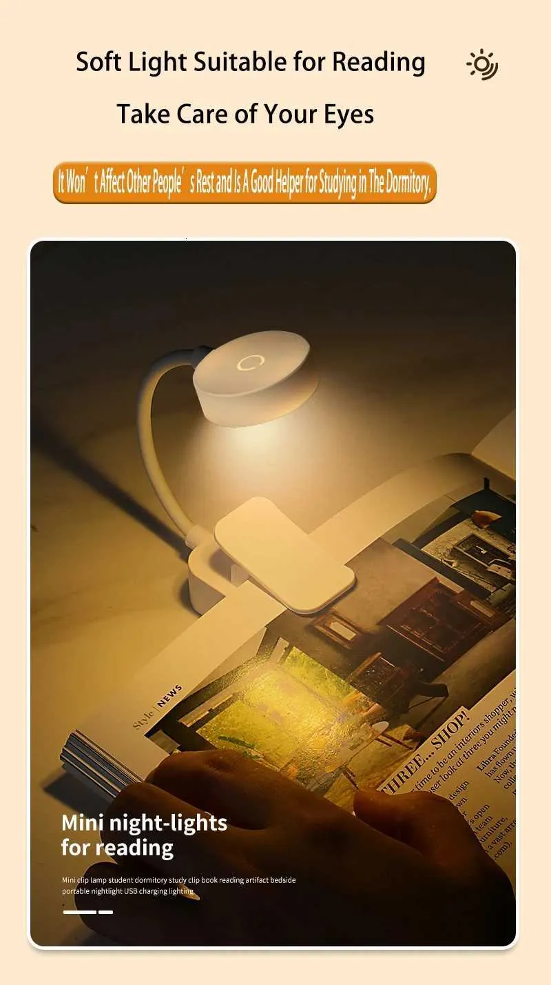 Portable LED Clip Book Lamp Mini Table Lamp 3-Color 360 Flip Type-C ...