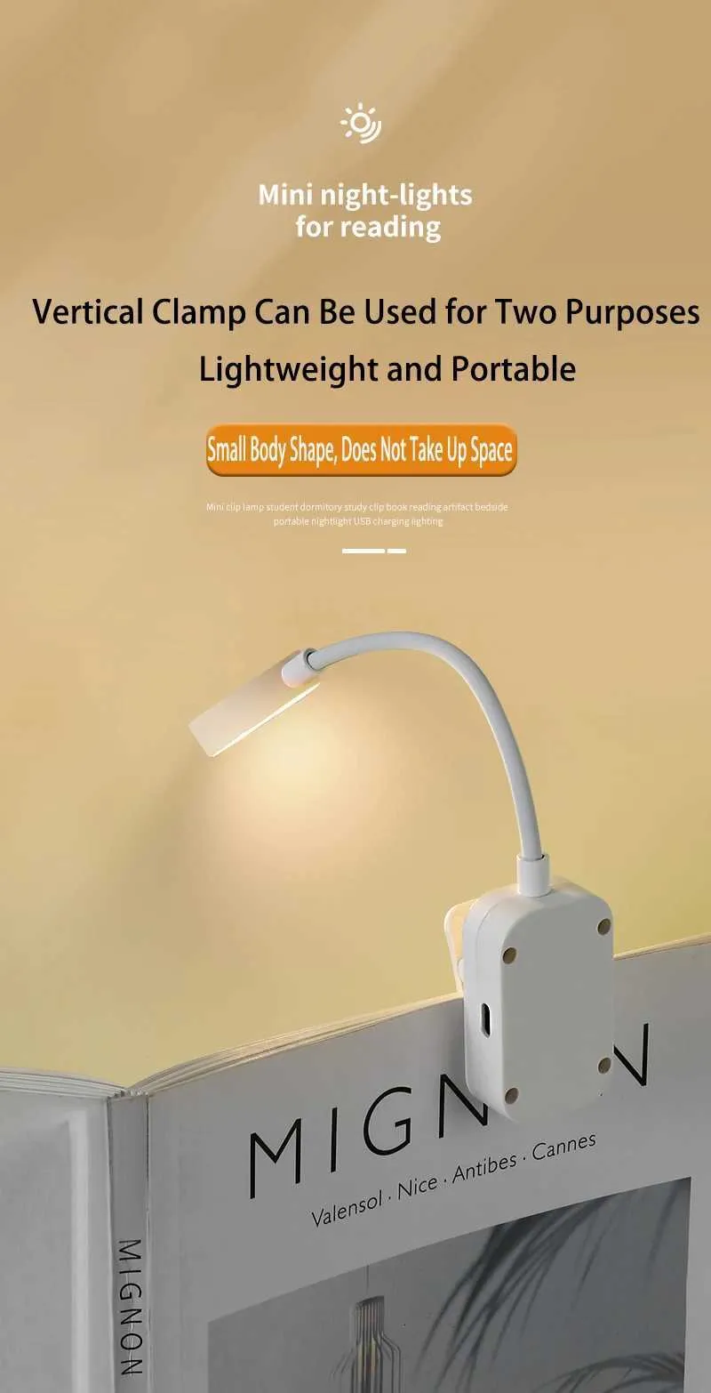 Portable LED Clip Book Lamp Mini Table Lamp 3-Color 360 Flip Type-C ...