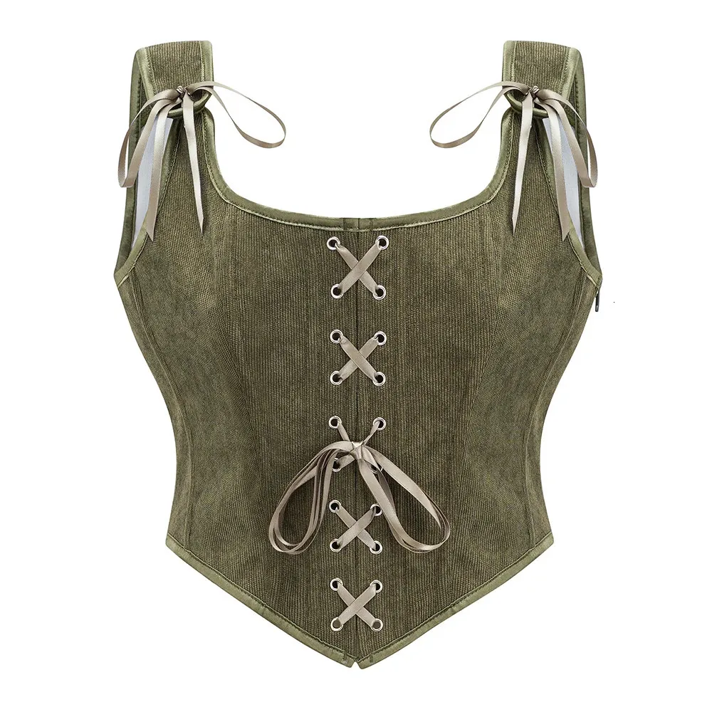 Army Green Victorian Vintage Vest Female Side Zipper Front Lace Up Tank ...