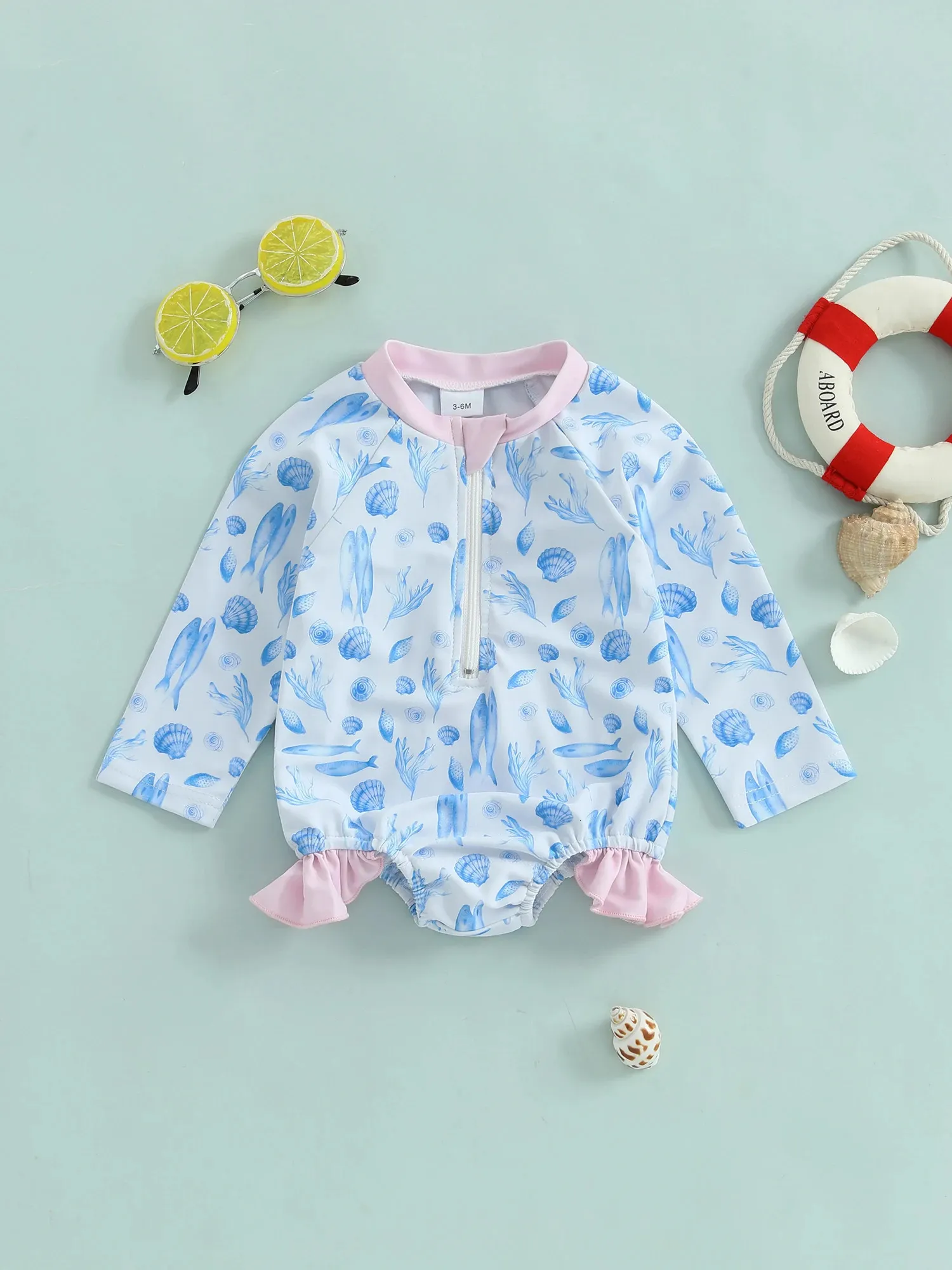 Baby Girls' Mermaid Scale Print Ruffled Zip-Up Long Sleeve Rash Guard ...