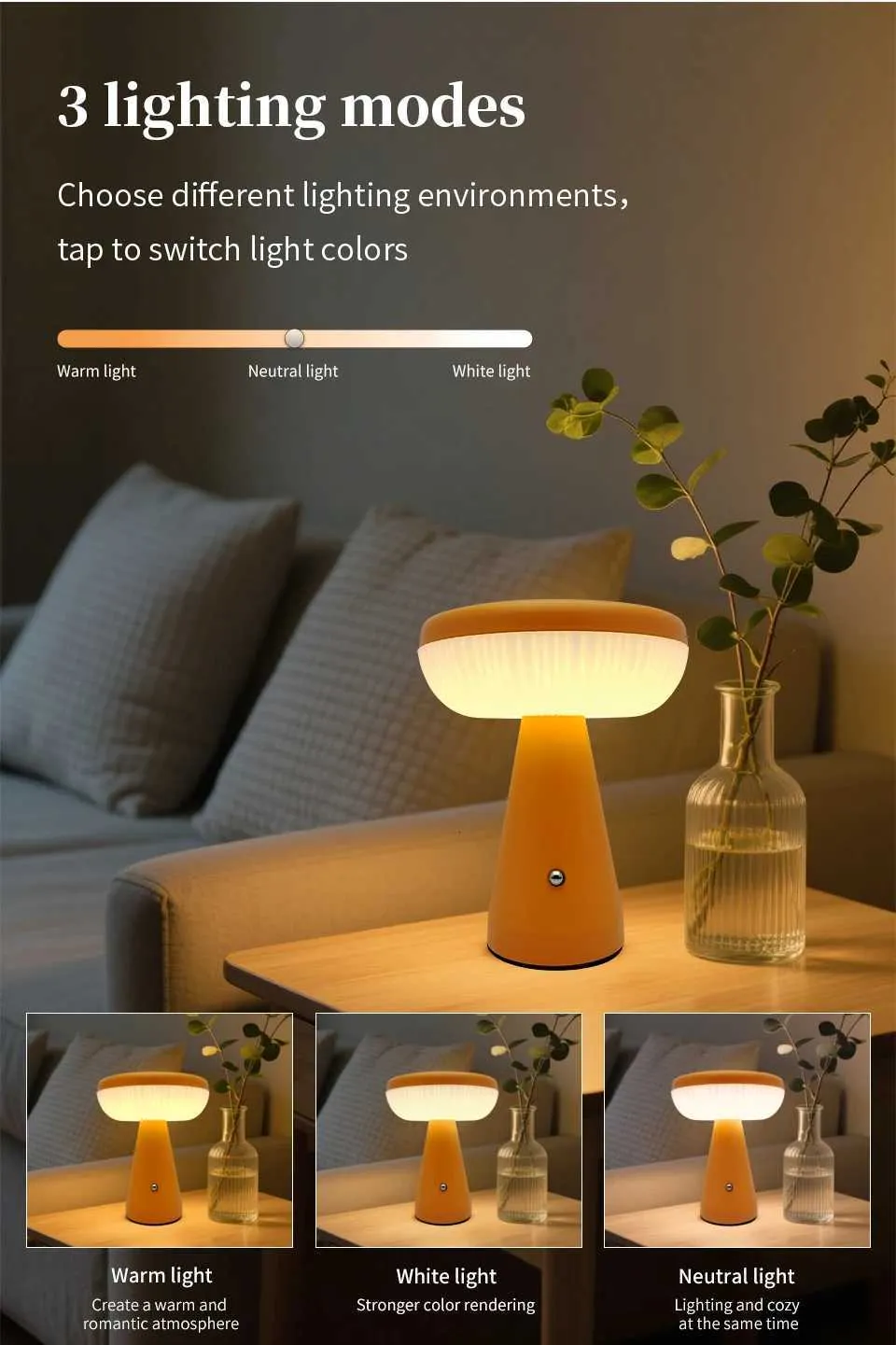 LED Rechargeable Mushroom Table Lamp with Touch Dimmer and Changeable ...