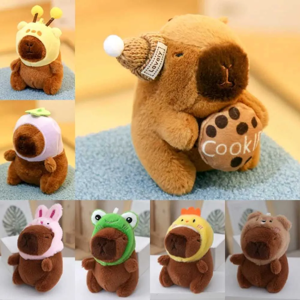 Cute Capybara Plush Keychain With Bee, Frog, And Bear Hats Cartoon ...