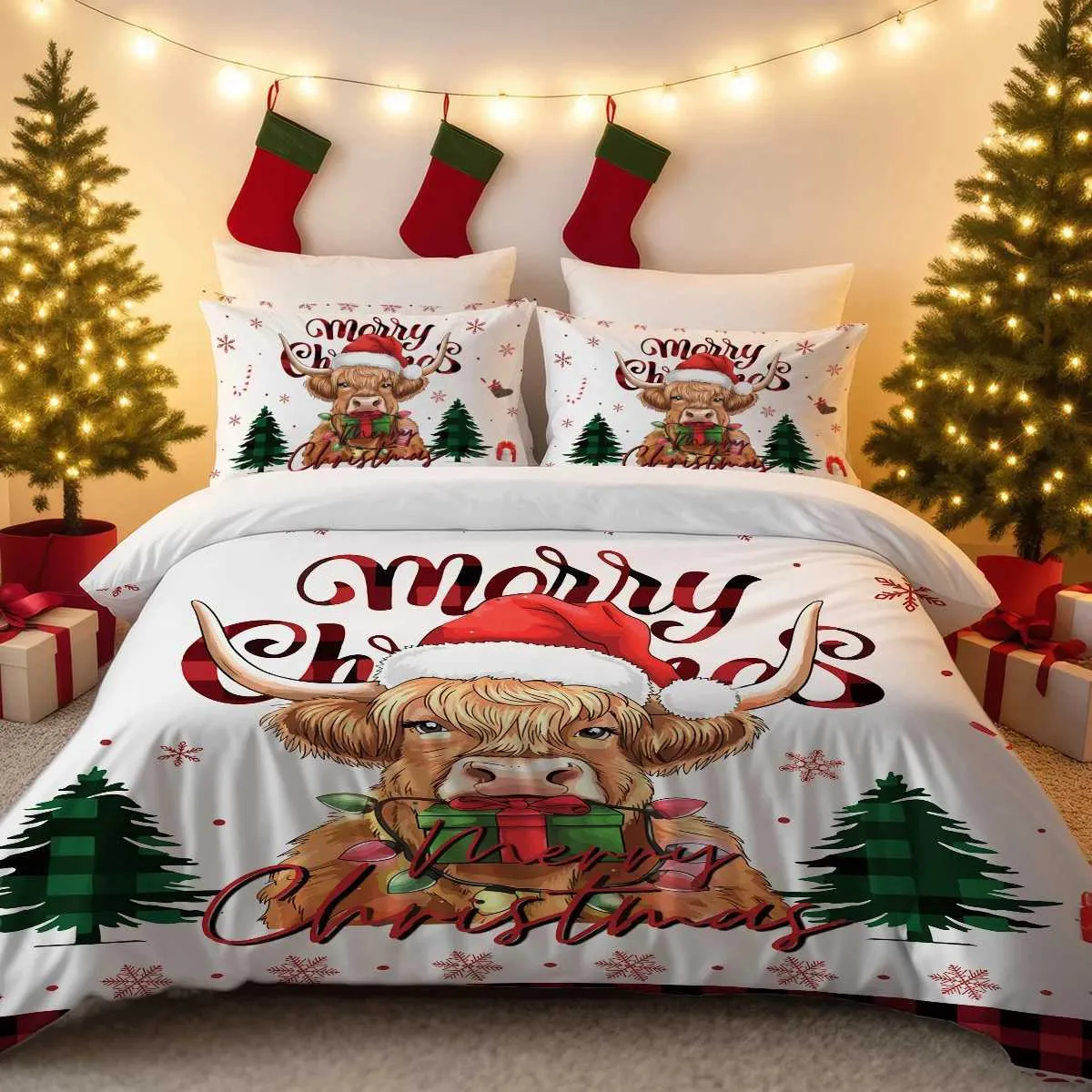 Christmas Highland Cow Print Coreless Holiday Bedding Set Soft ...