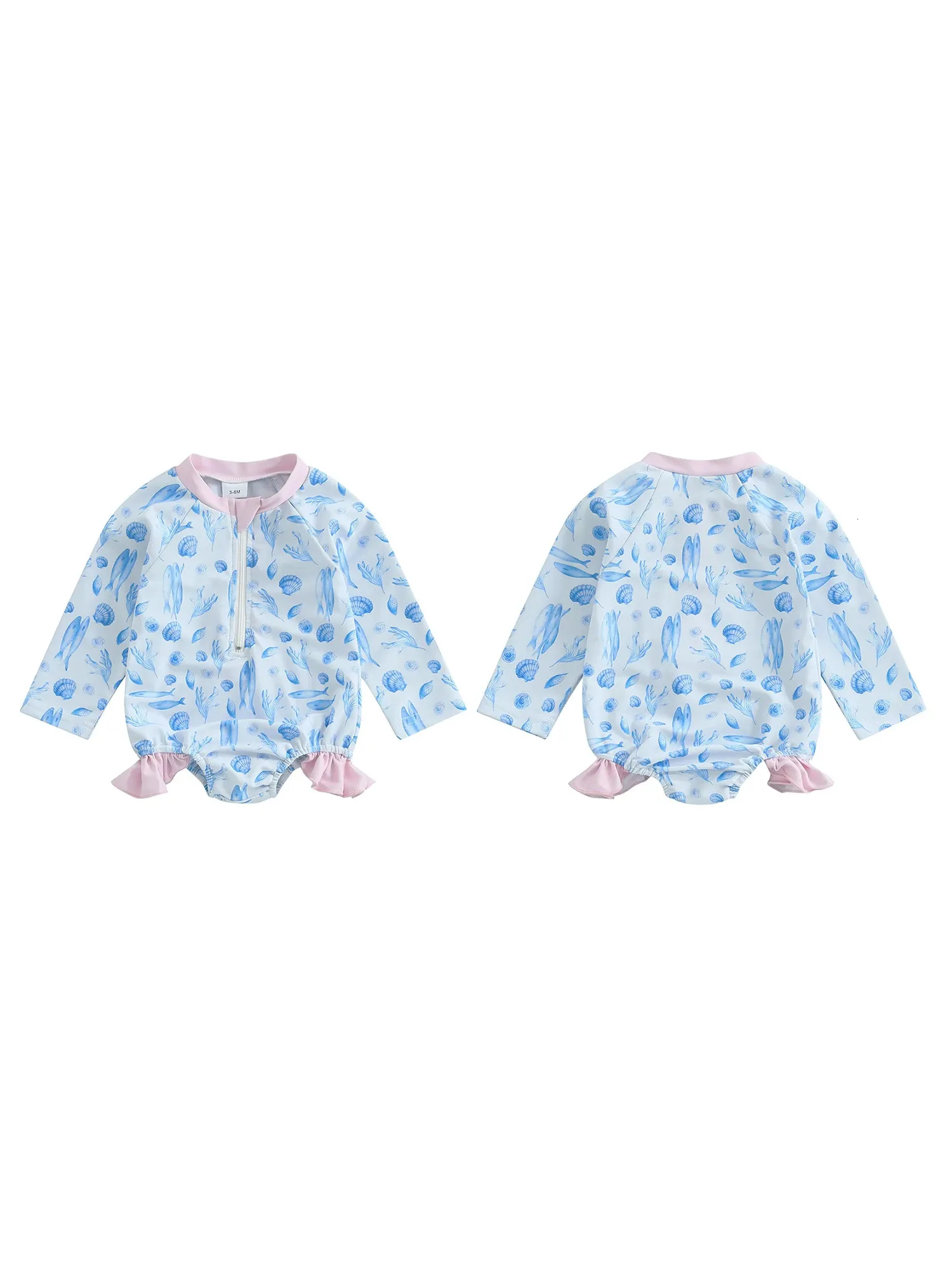 Baby Girls' Mermaid Scale Print Ruffled Zip-Up Long Sleeve Rash Guard ...