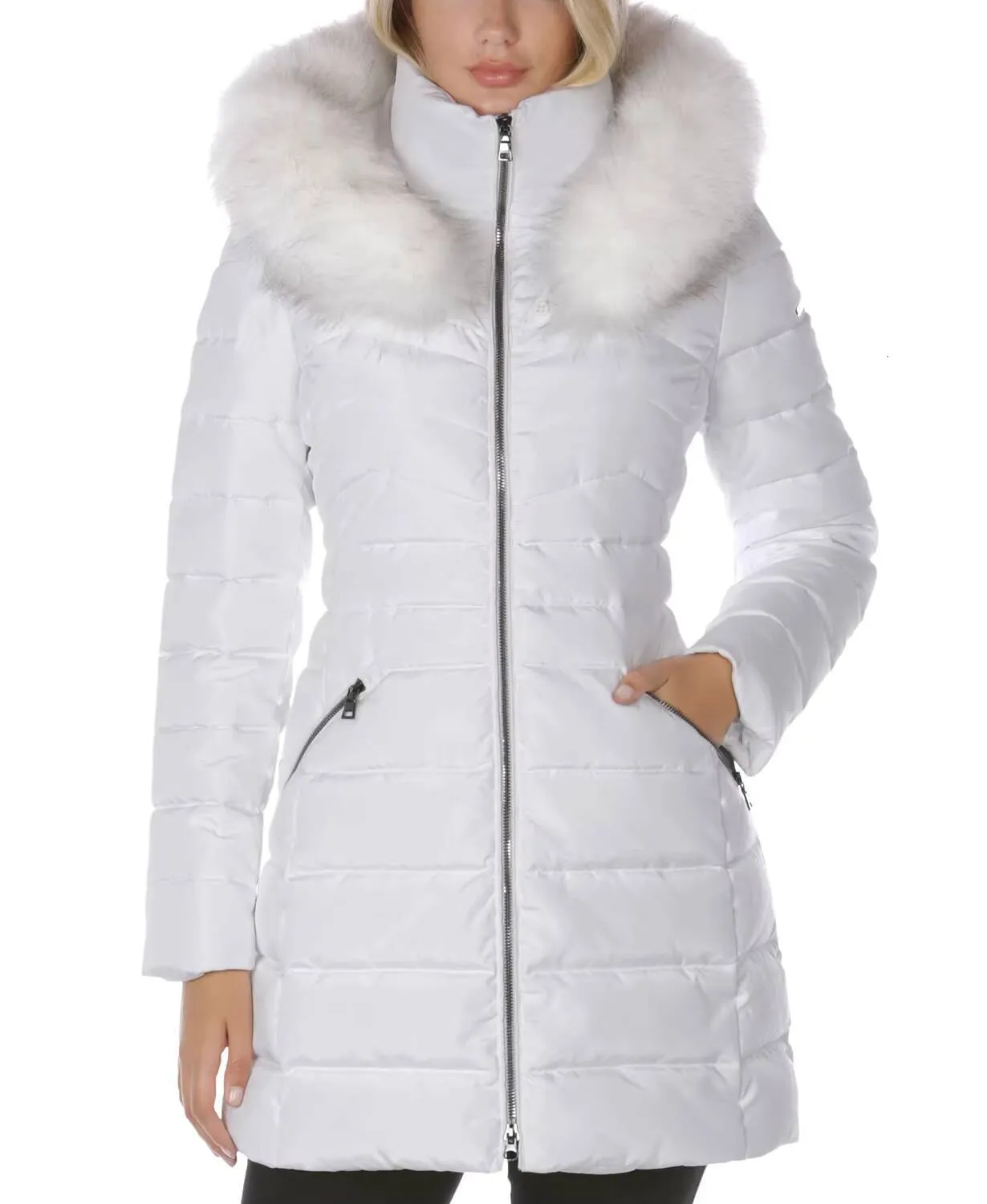 Custom Women Hooded Puffer Parka Jacket with Fur Trim and 100% White ...