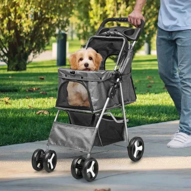 X250415 4 Wheel Folding Pet Cart With 360° Rotating Wheels Storage ...