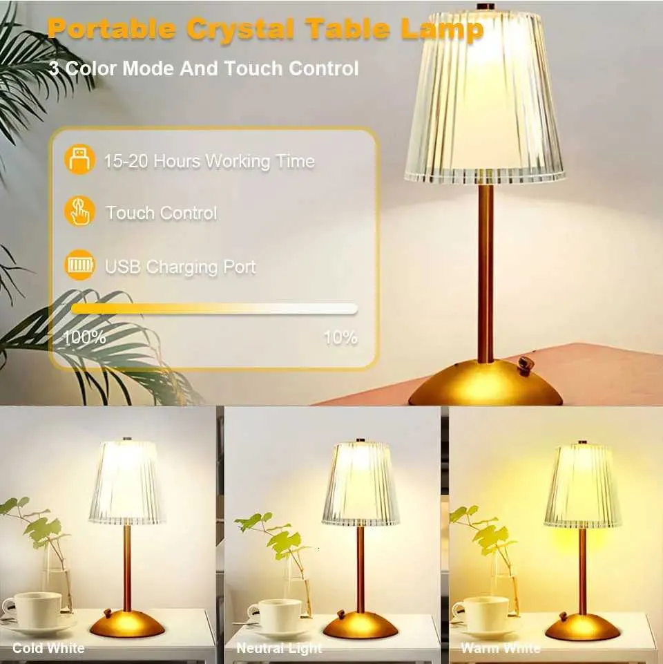 LED Table Lamp Touch Sensor Rechargeable Dimmable Bedside Lamp with E27 ...