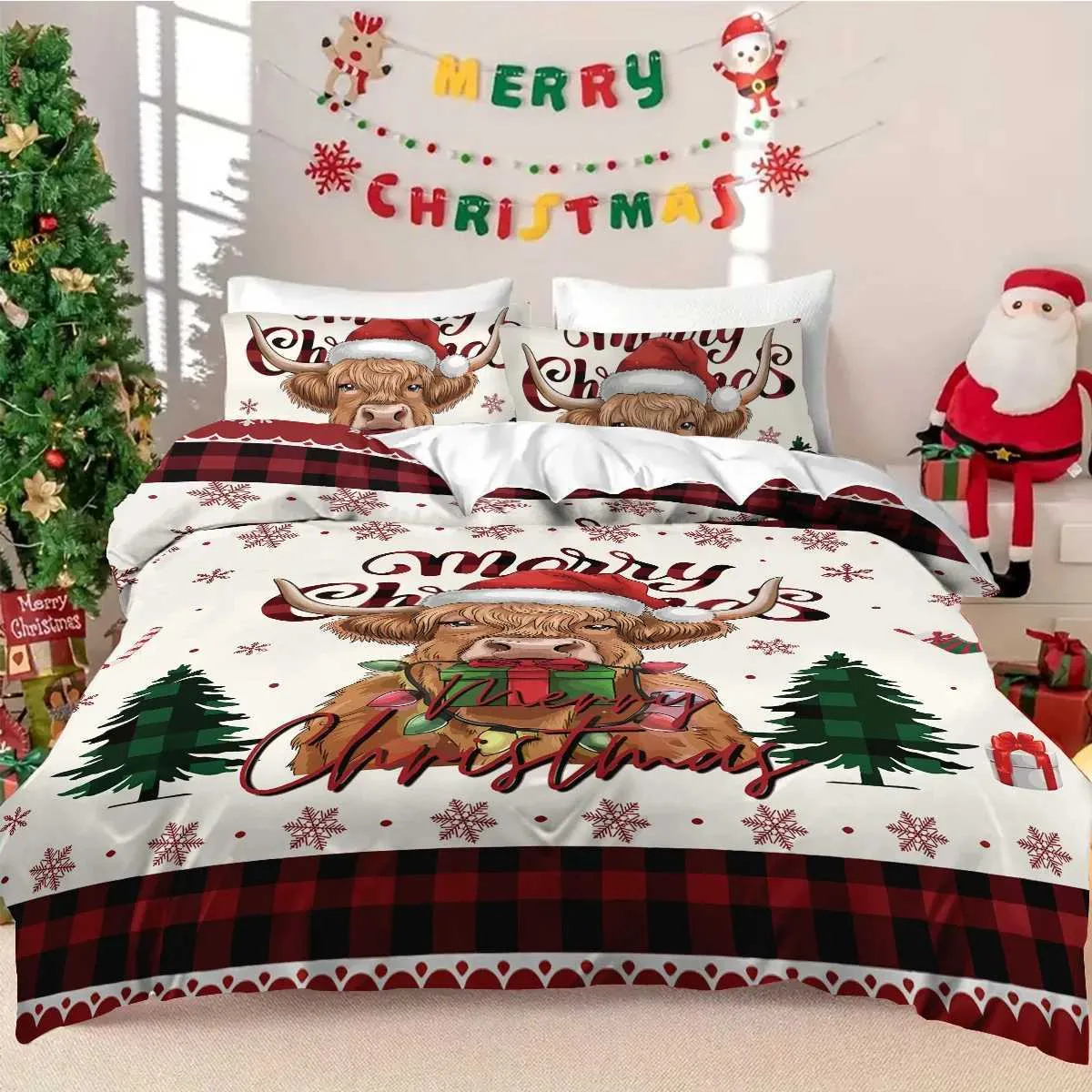 Christmas Highland Cow Print Coreless Holiday Bedding Set Soft ...