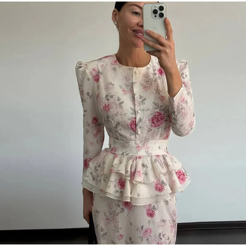 Fashion Print Ruffle Hem Floor-Length Acetate Dress for Women ...