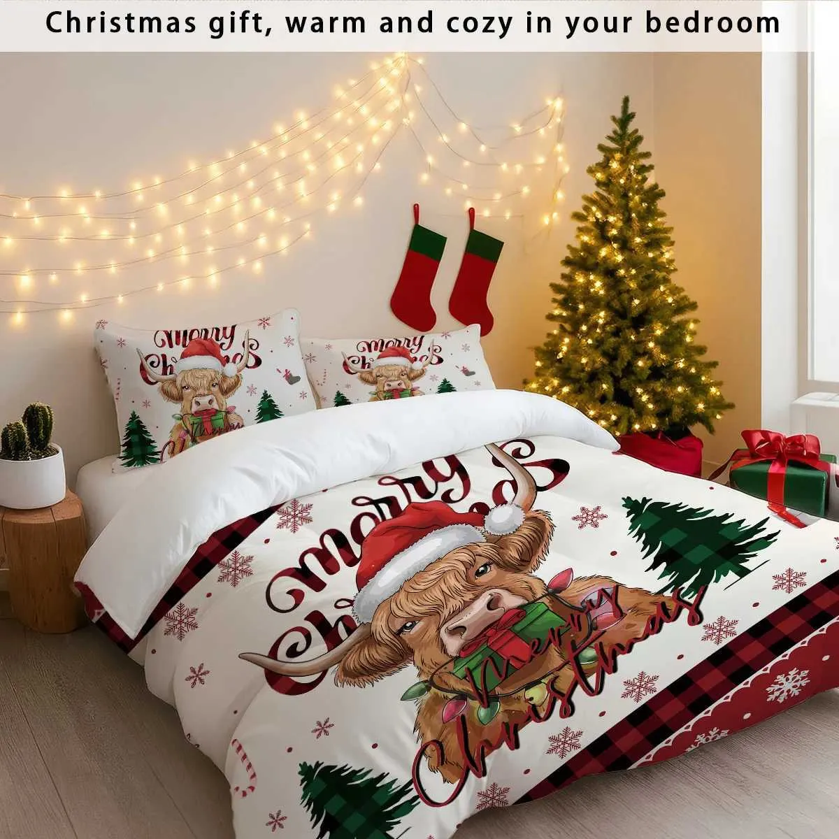 Christmas Highland Cow Print Coreless Holiday Bedding Set Soft ...