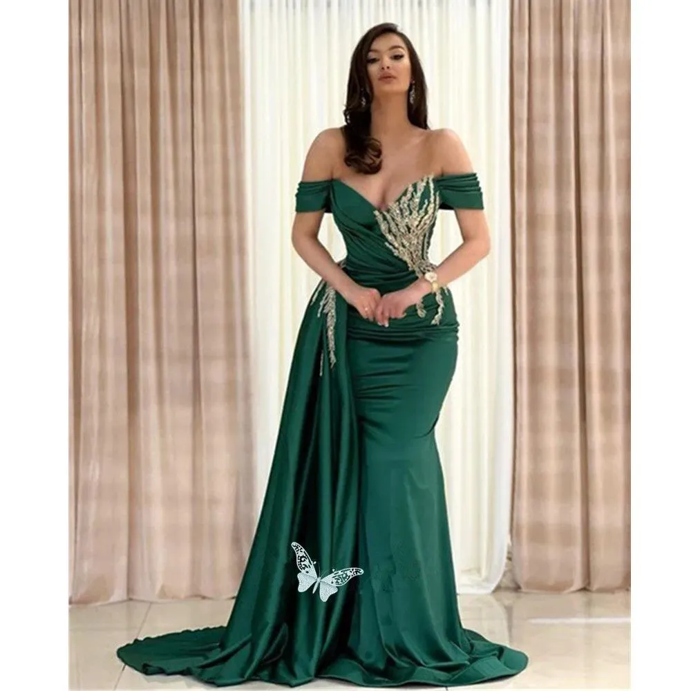 Emerald Green Mermaid Emerald Prom Dresses 2022 With Off Shoulder Gold ...