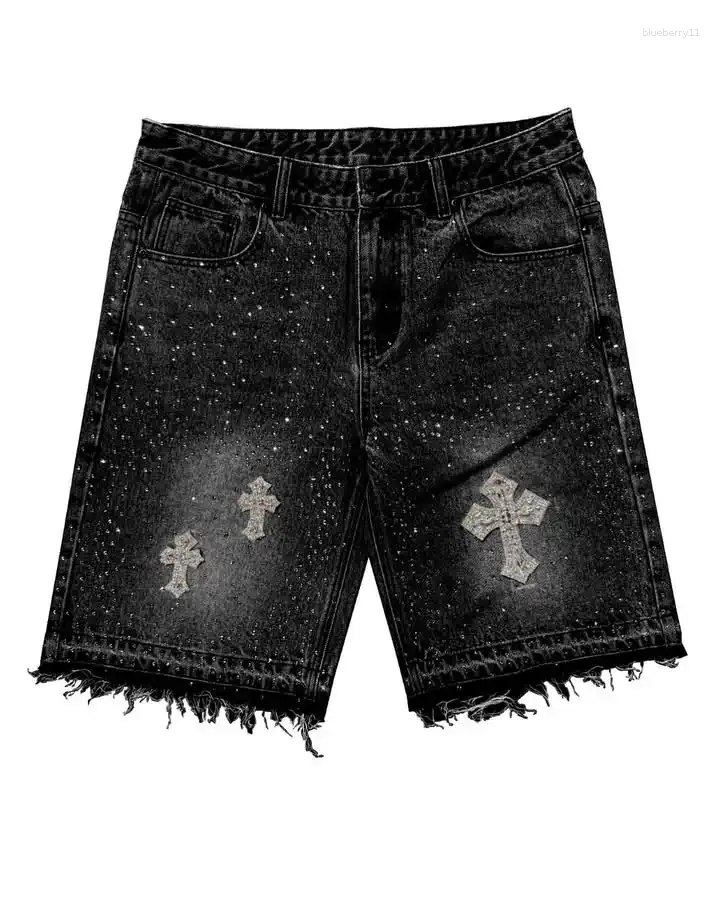 Mens Denim Shorts Vintage Y2K Rhinestone Cross Design Black Baggy Hip ...