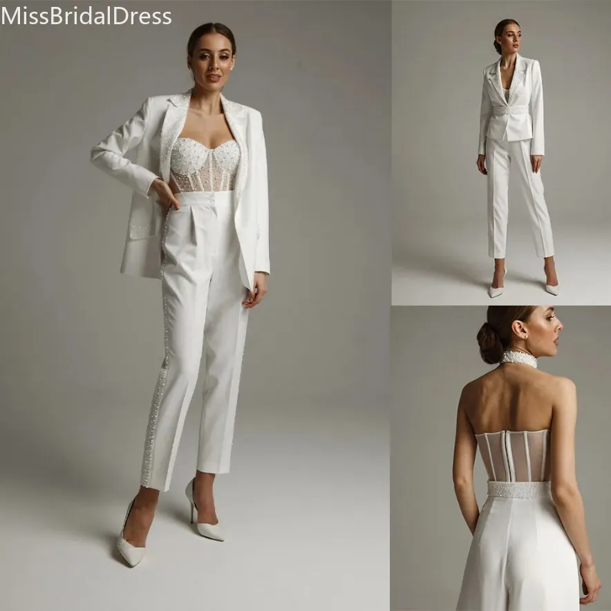 Pearls Beading Womens Wedding Tuxedo Suit Custom Made Luxury Prom ...