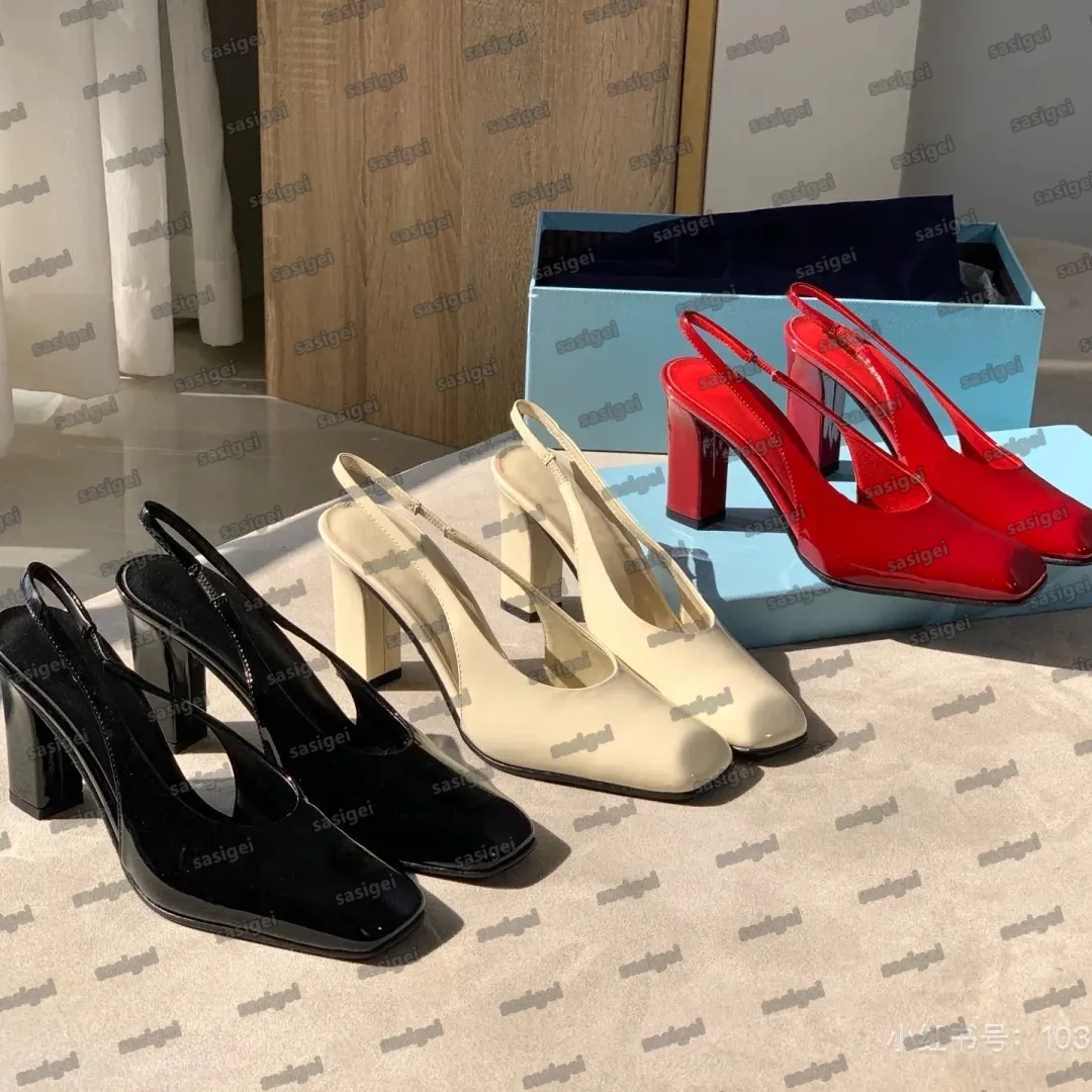 Designer Saffiano Triangle Heel Strap High Sandals Dress Shoes Sling ...