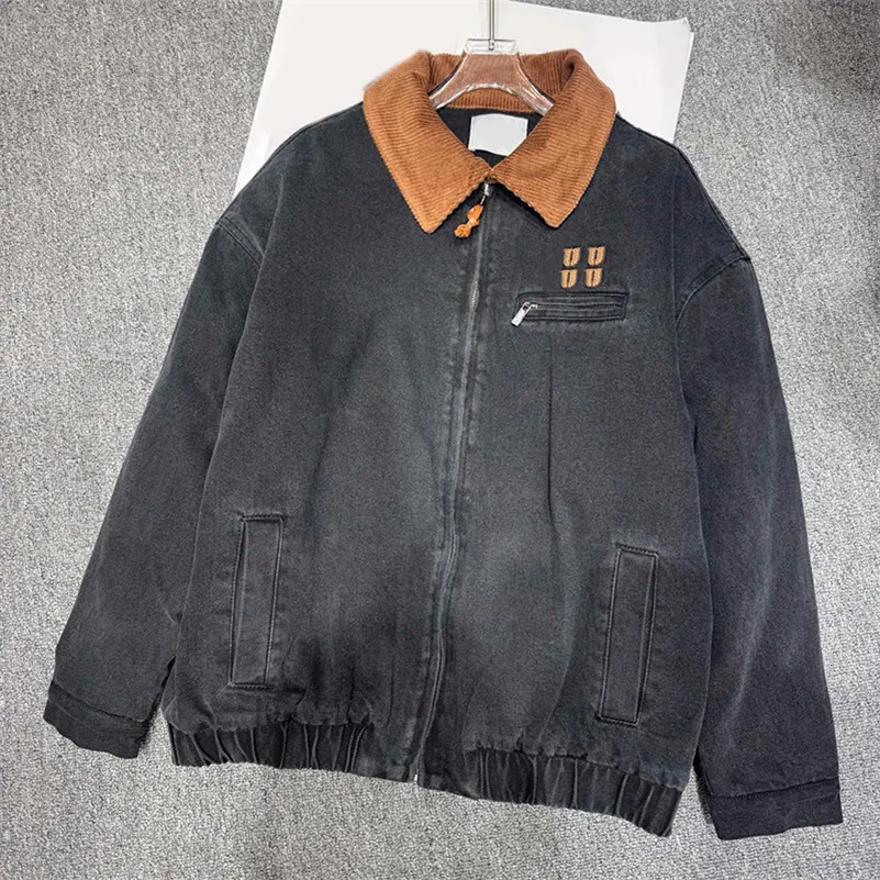 Designer Women's Faux Leather Jacket with Corduroy Collar, Letter ...