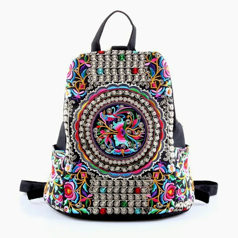 Embroidery Backpack Jacquard Canvas Zipper Closure Gender Neutral ...