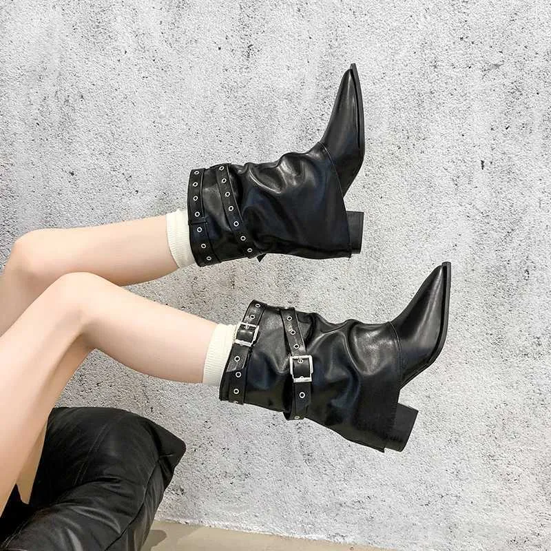 Wen Ankle Boots Pointed Toe Wedge Heel Chunky Half Boots PU Waterproof ...