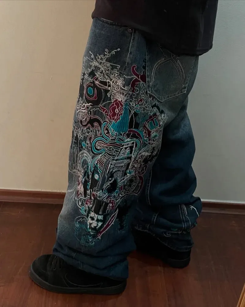 Retro Harajuku Fashion High Waist Graphic Embroidery Oversized Jeans ...