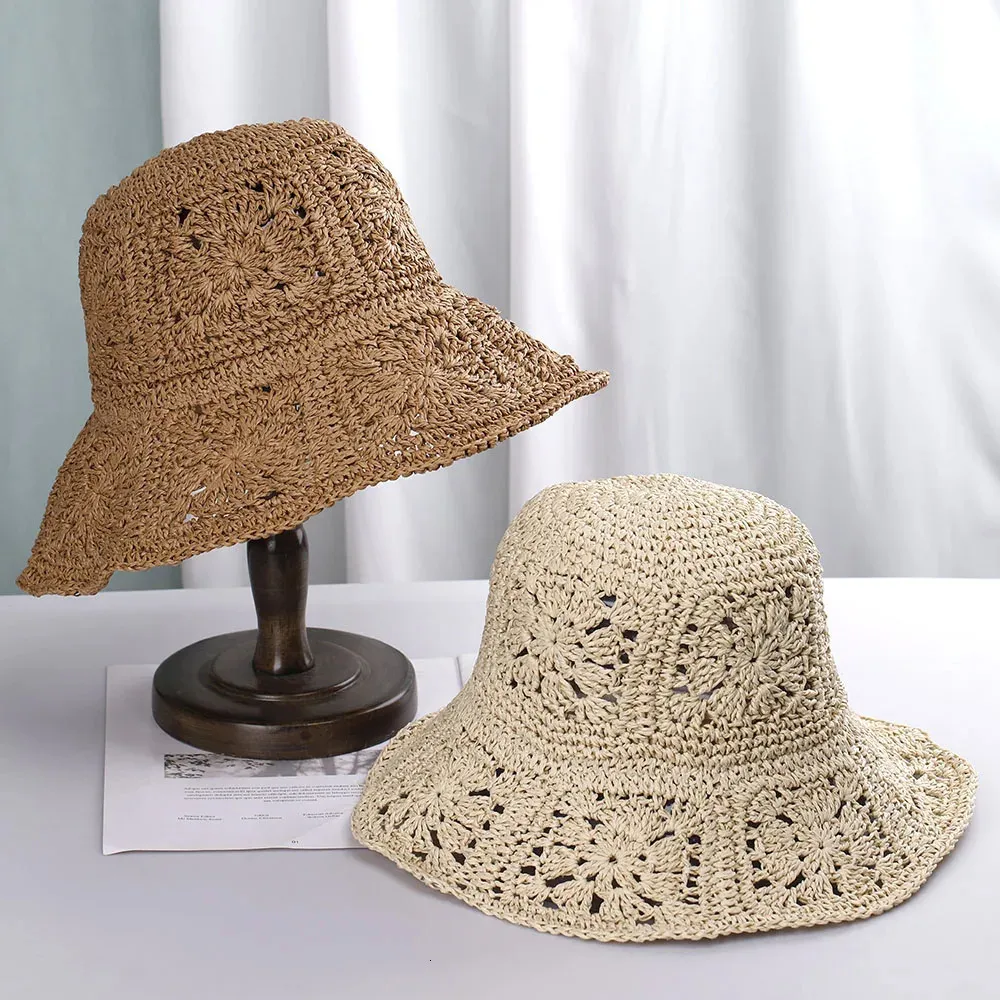 Foldable Women's Crochet Straw Bucket Hat With UV Protection And Sun ...