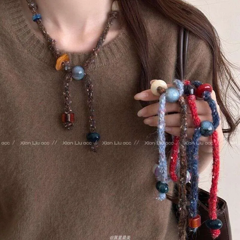 Knitted Yarn Beaded Pull Necklace for Women Silver Plate Sweater Chain ...