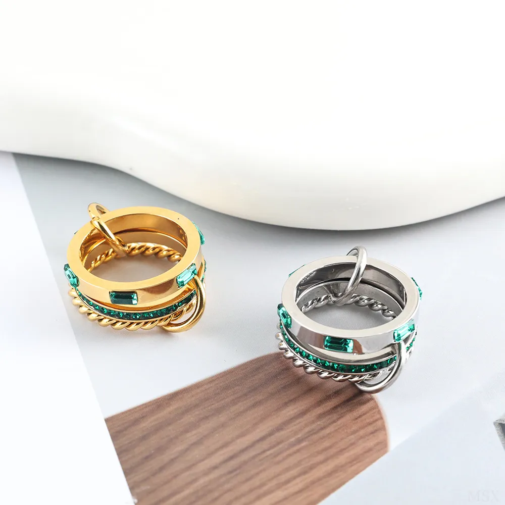 Fashionable Stainless Steel Ring Green Zircon Inlay Versatile Daily ...