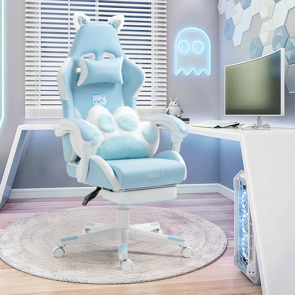 Cute Cat Gaming Chair With Paw Lumbar Cushion, PC Video Gamer Chair For ...