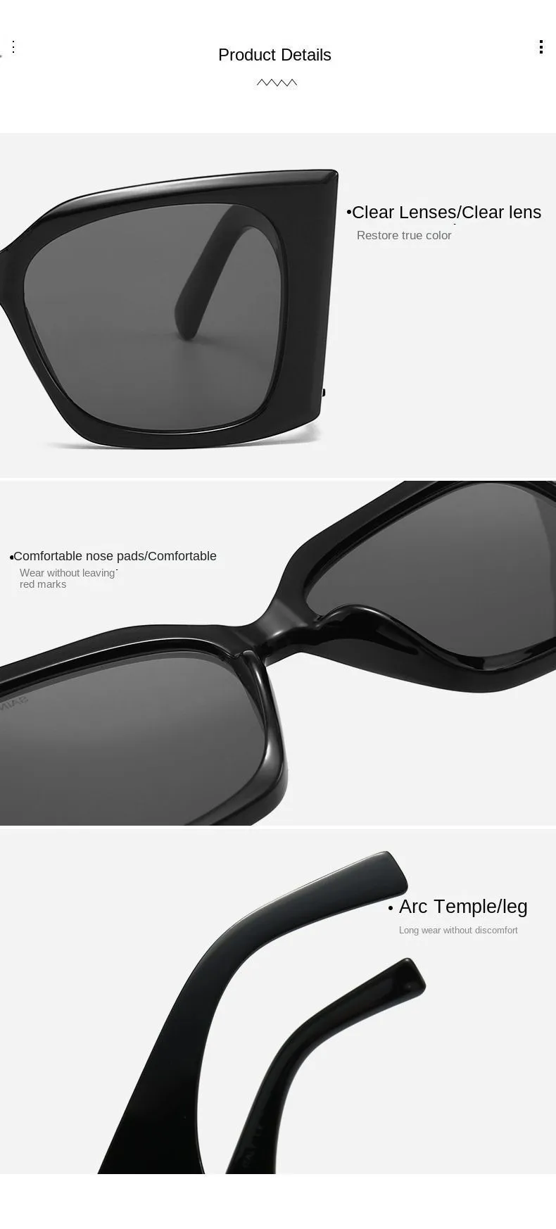 Retro Black Square Women Sunglasses Big Frame Photochromic Resin Lenses ...
