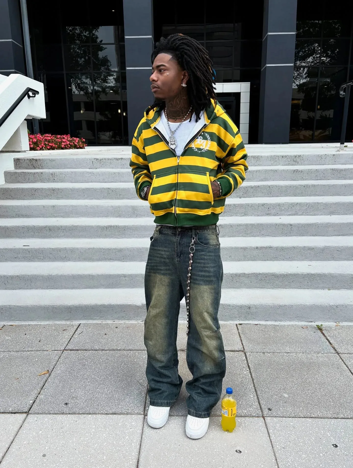 Y2K Street Kid Zip-Up Hoodie Knit Sweatshirt with Stripe Rivet ...