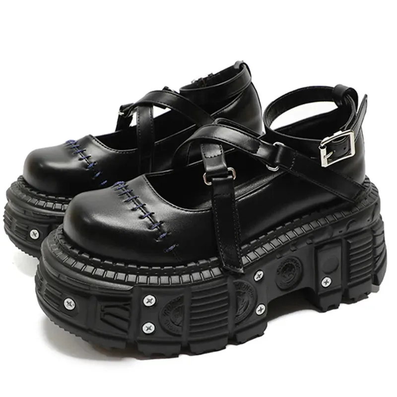 Gothic Mary Janes For Women Crossed Tied Ankle Strap Platform Shoes ...