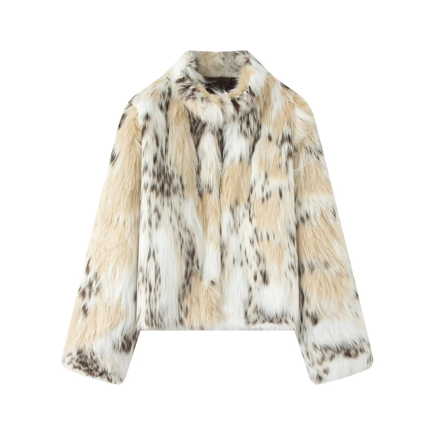 Faux Fur Winter Coat for Women Slim Patchwork Fur Crew Neck Long Sleeve ...