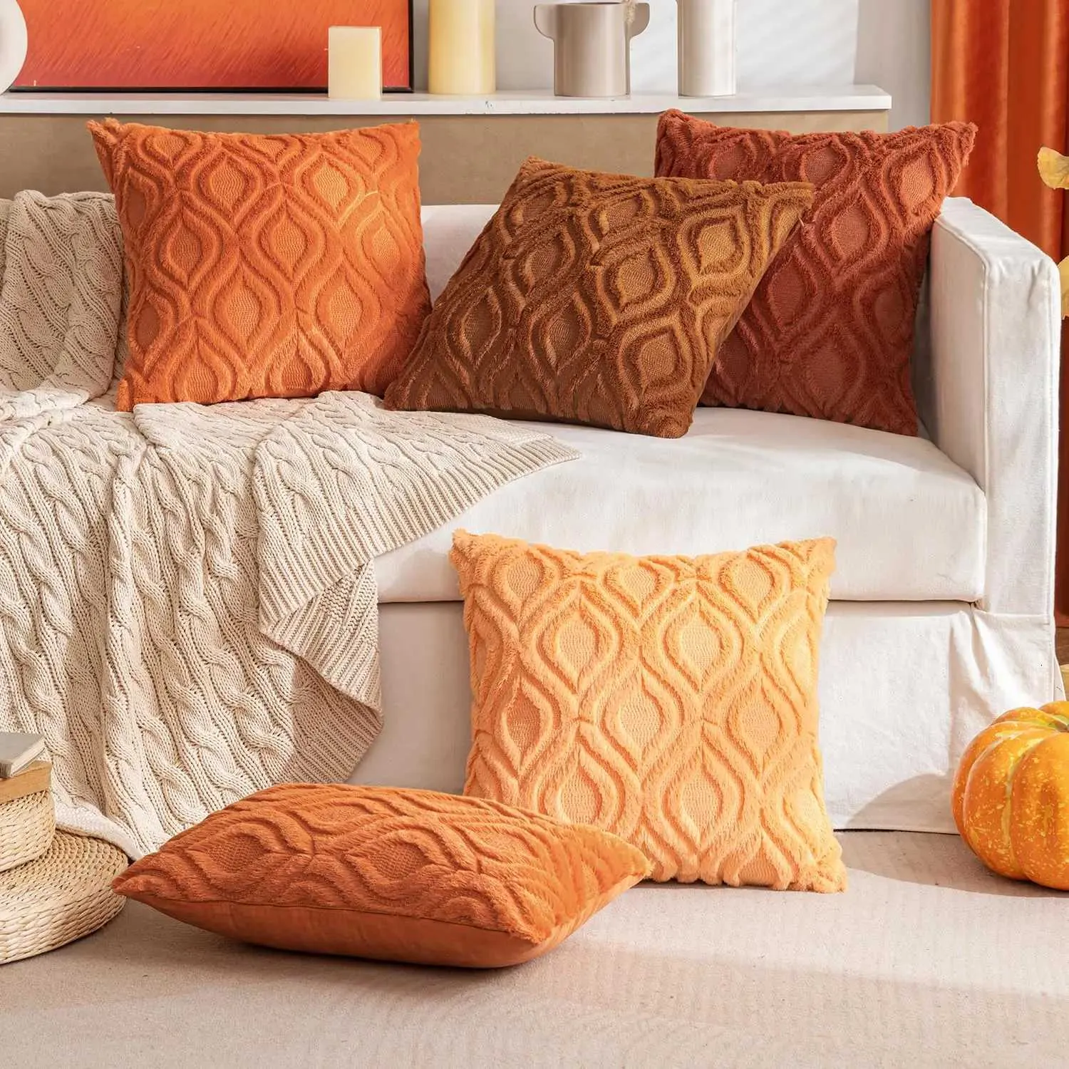 Fall Rust Orange 17.7x17.7 in Knit Plush Couch Cushion Cover for Sofa ...