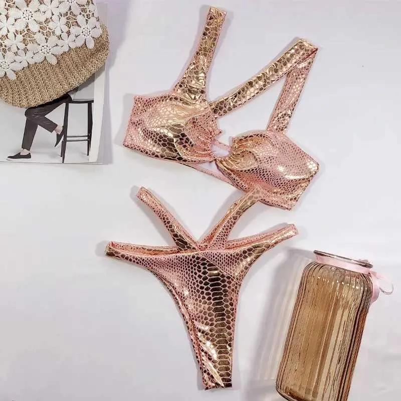 Women's Metallic Snake Print Bikini Set, Shiny Rave Swimsuit For ...