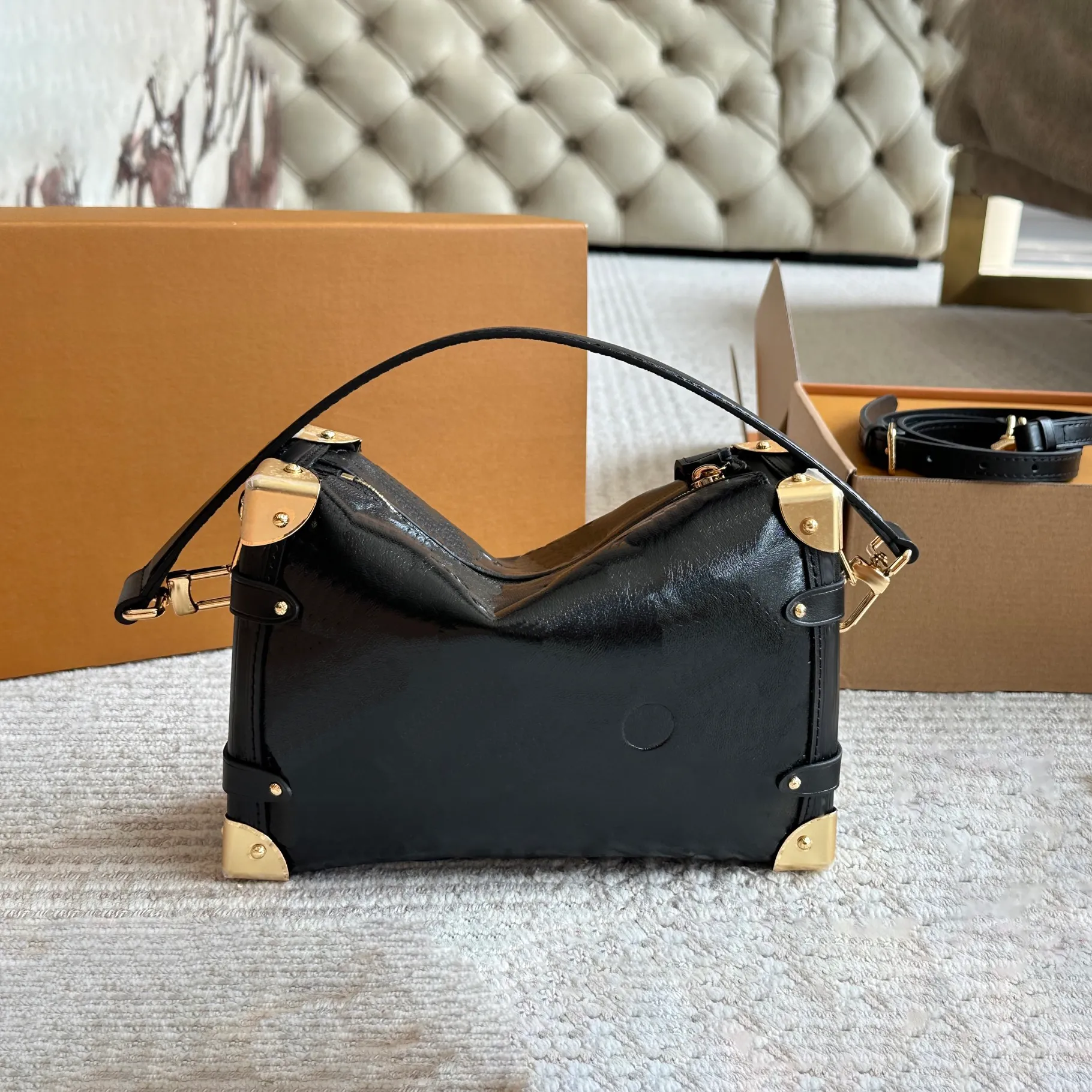 Luxury Designer Handbag for Women, Soft Leather Trunk Bag with Gold ...
