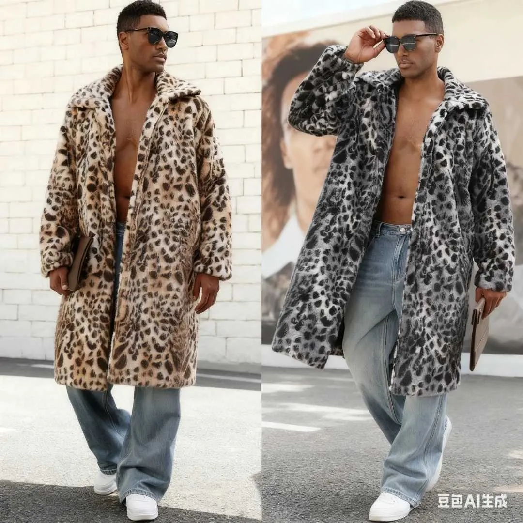 Men's Leopard Print Faux Fur Coat Long Cowl Neck Single Breasted Casual ...