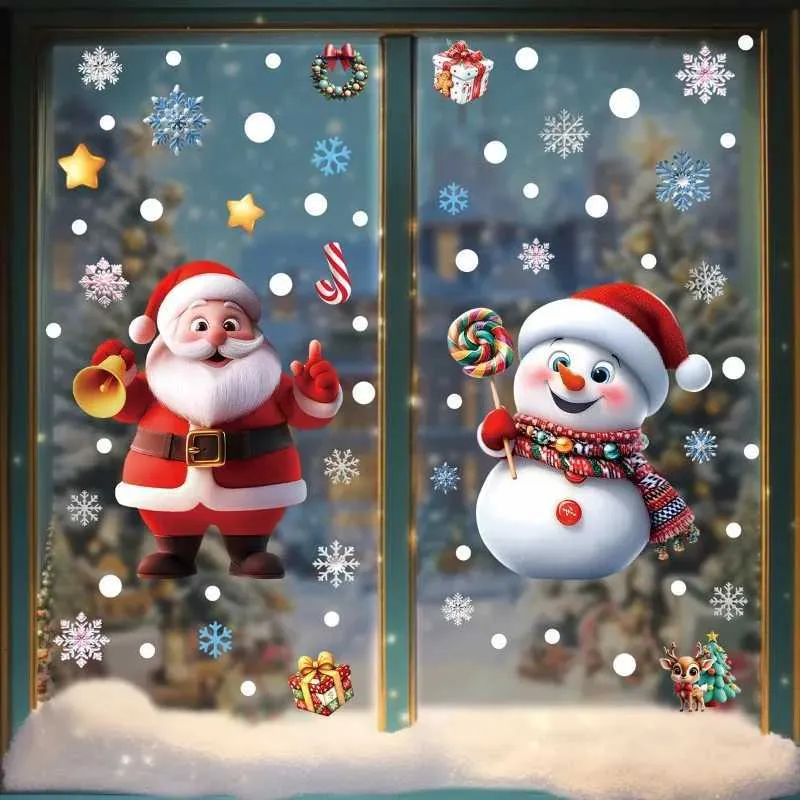 Christmas Festive PVC Static Stickers Reusable Snowman Santa Tree ...
