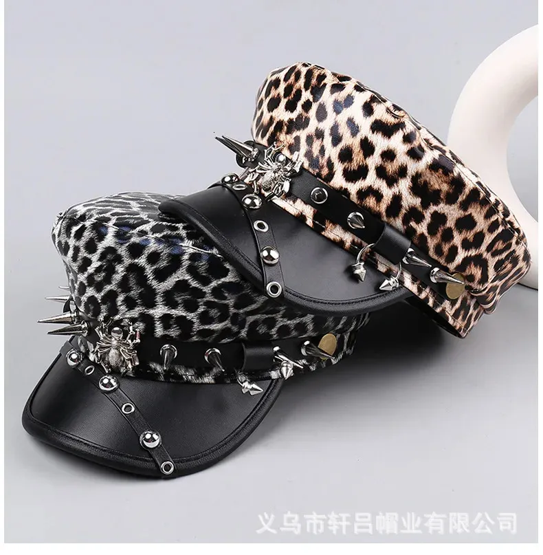 Womens Vintage Silk Leather Beret Hat with Leopard Print and Silver ...