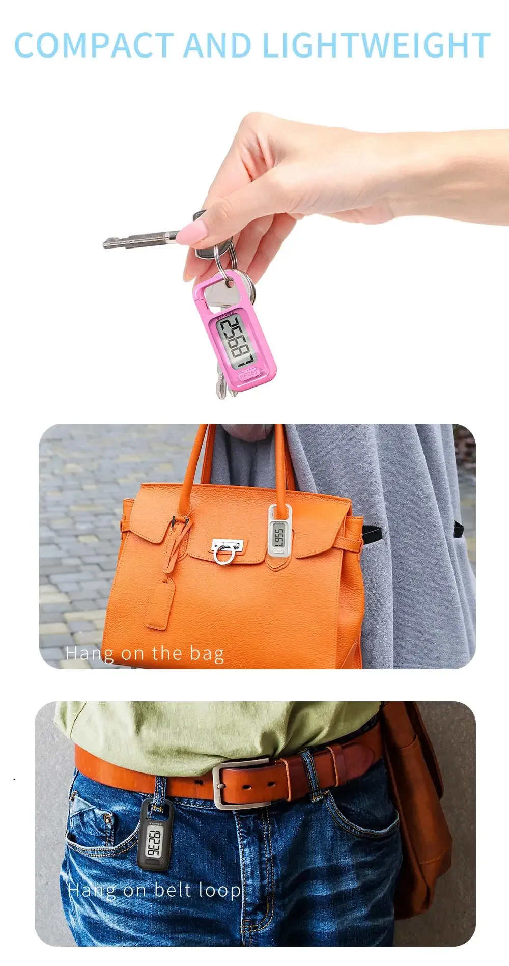 Simple 3D walking pedometer with large display, detachable clips, and ...