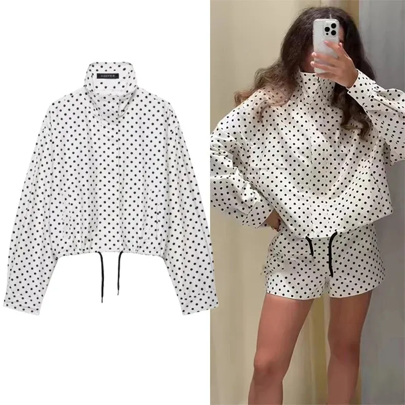 Polka Dot Print Short Coats Womens Asymmetric Length Long Sleeve ...