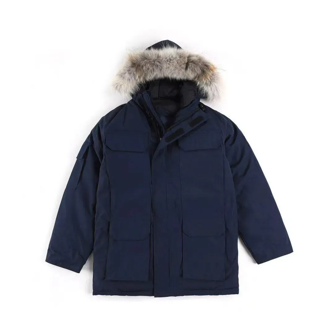 Unisex white duck down jacket with detachable coyote fur hood, zipper ...