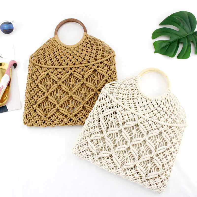 Kq3 Handmade Beach Bags Round Rattan Handle Woven Cotton Rope Tote ...