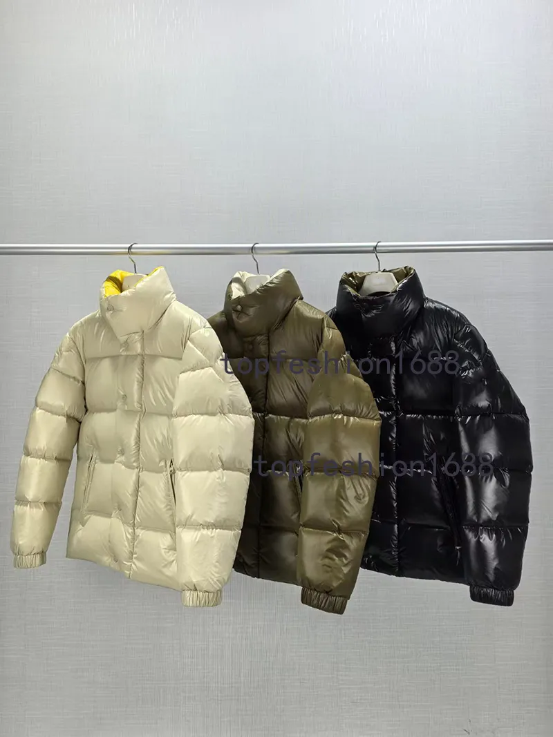 Mens black short stand collar puffer jacket with letter embroidery, 90% ...