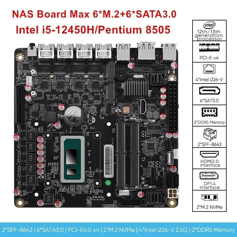 High Performance 6 Bay NAS Matx Motherboard With Intel I5 12450H 8505 ...