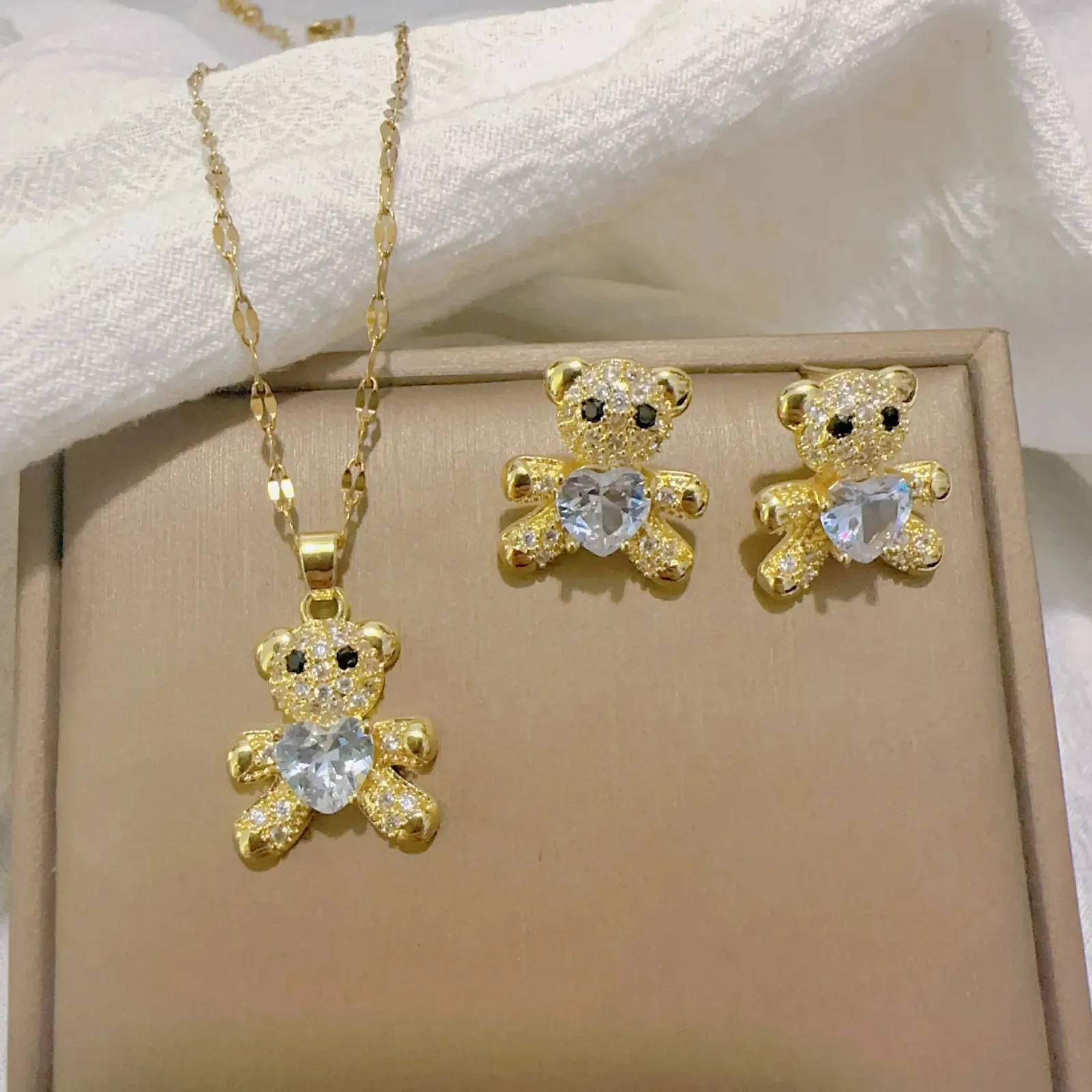 Steel Little Bear Micro Inset Necklace And Earrings Set Personalized ...